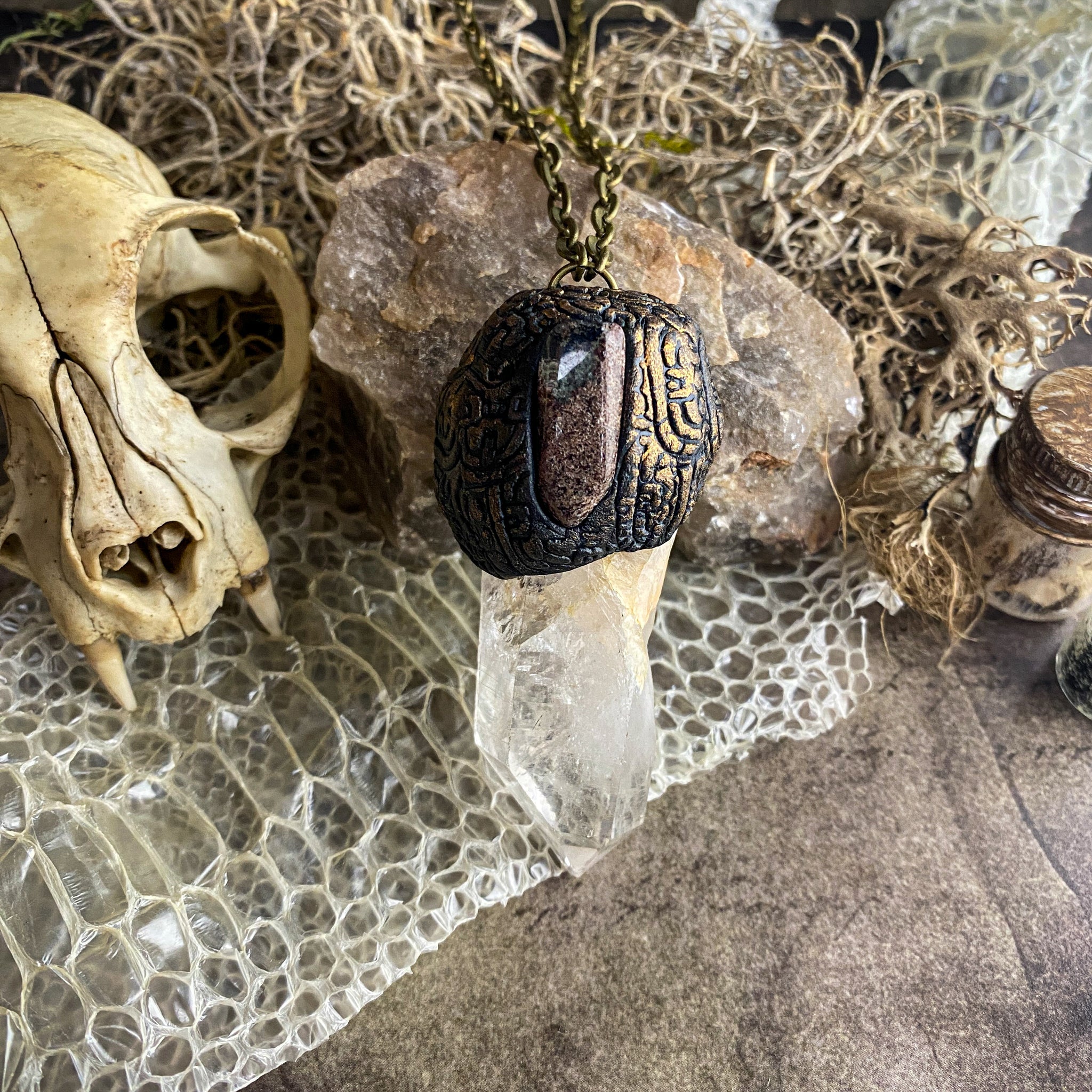 Clear Quartz + Ghost Quartz + Clay Talisman Necklace with a Tribal Sty