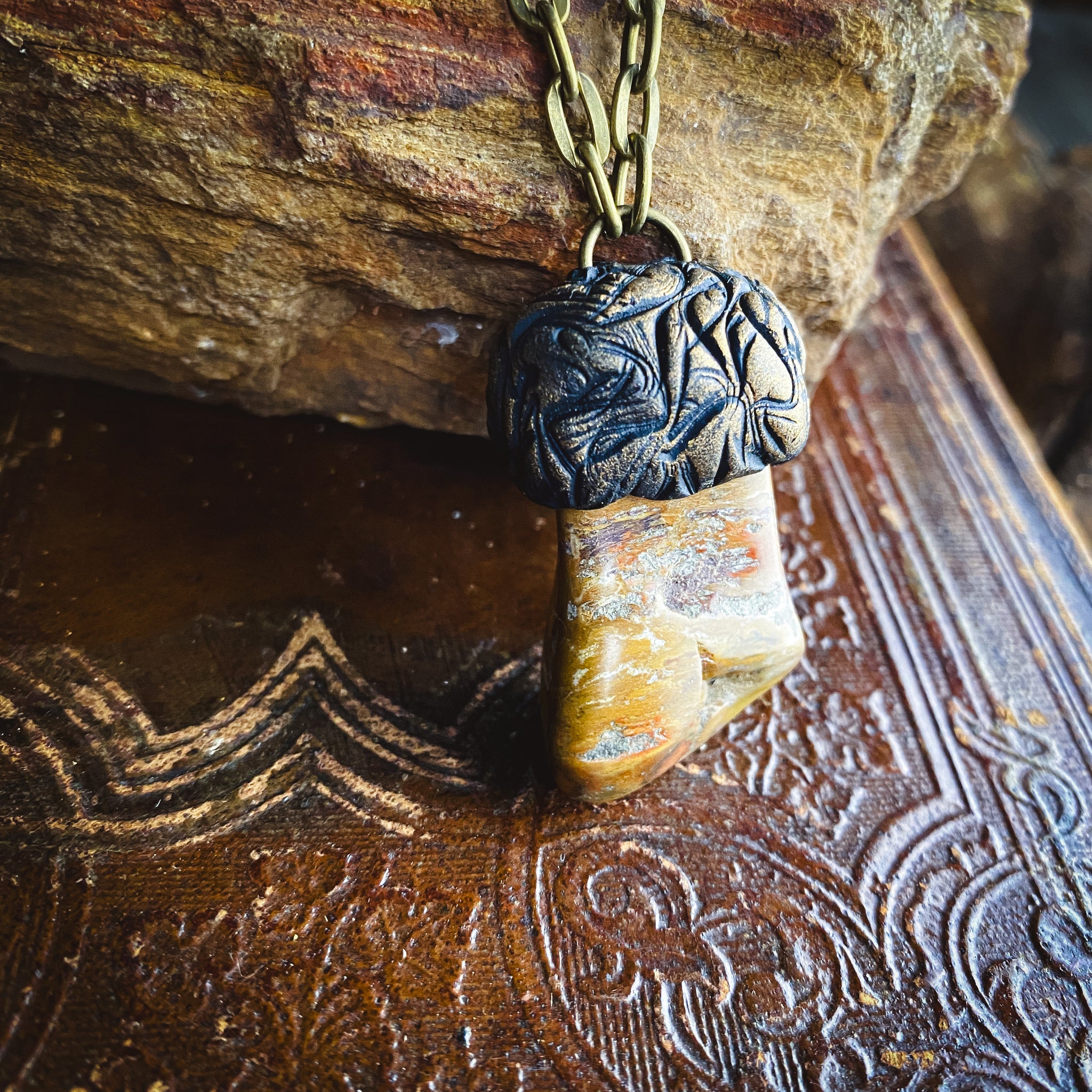 Handcrafted Clay Talisman Necklace with Petrified Wood