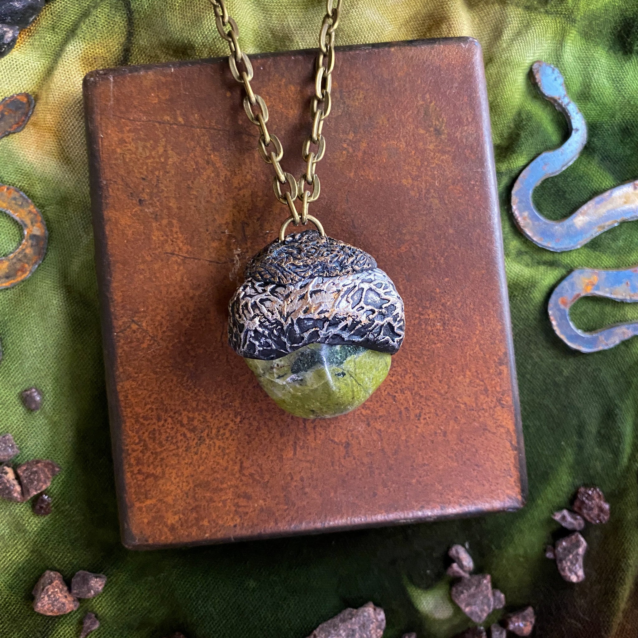 Serpentine + Clay Talisman Necklace with an Organic Pattern