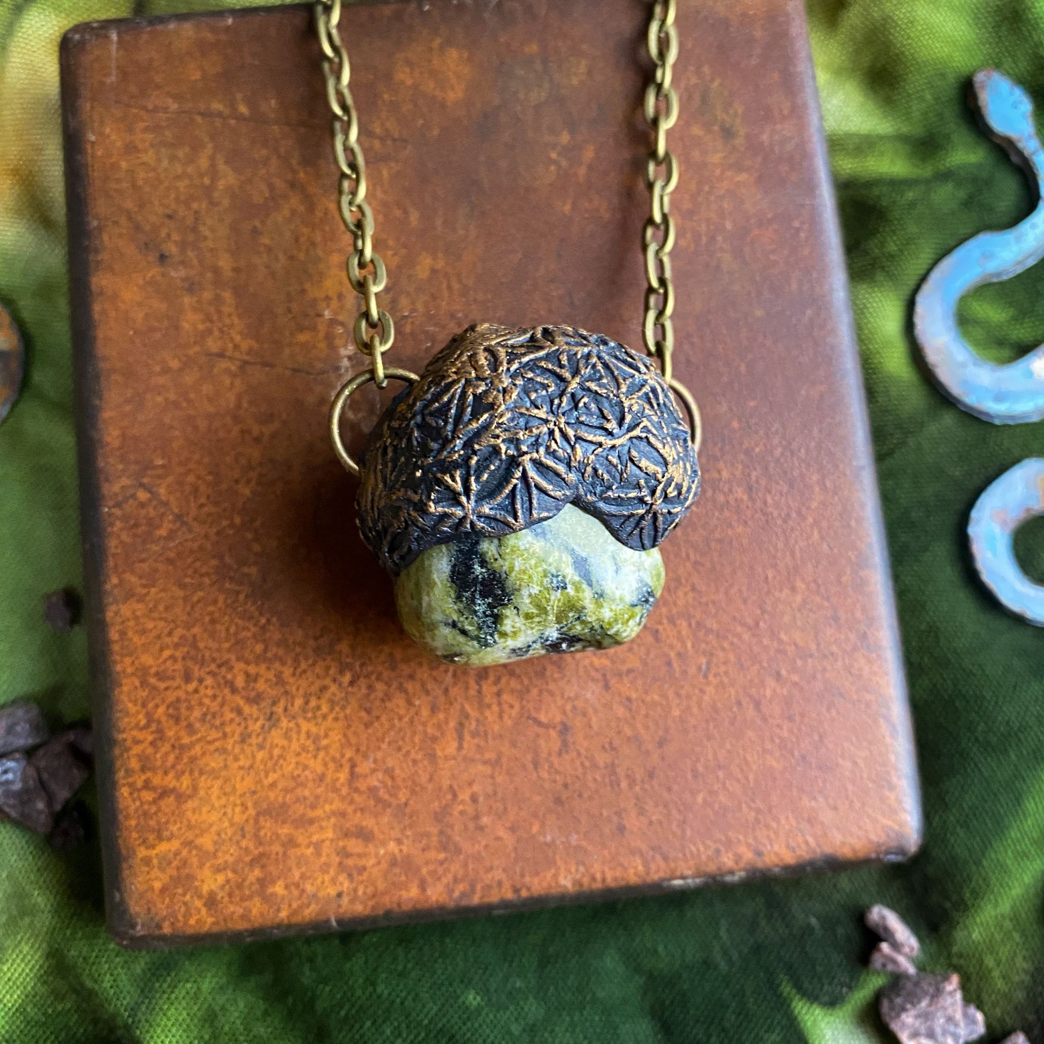 Serpentine Talisman Necklace with a Flower of Life Clay Pattern