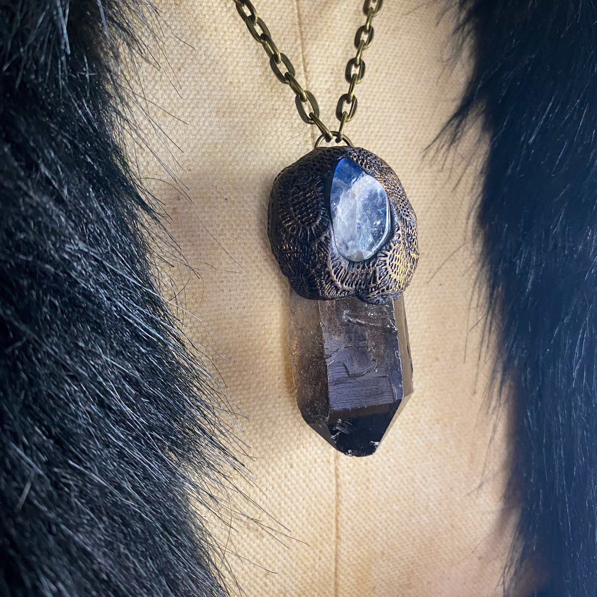 Handcrafted Clay Talisman Necklace with Smoky Quartz + Rainbow Moonsto